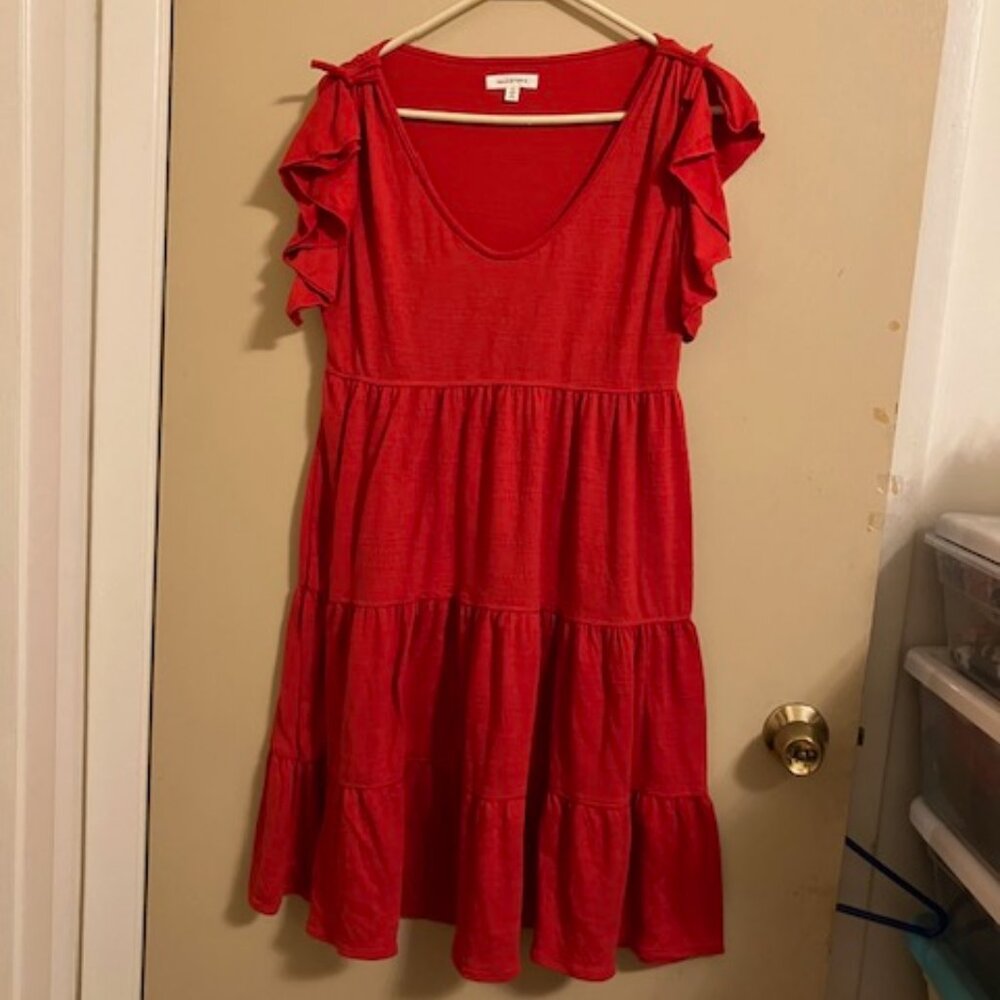 Red Gauze Ruffled Sleeves Tiered Dress - Gem